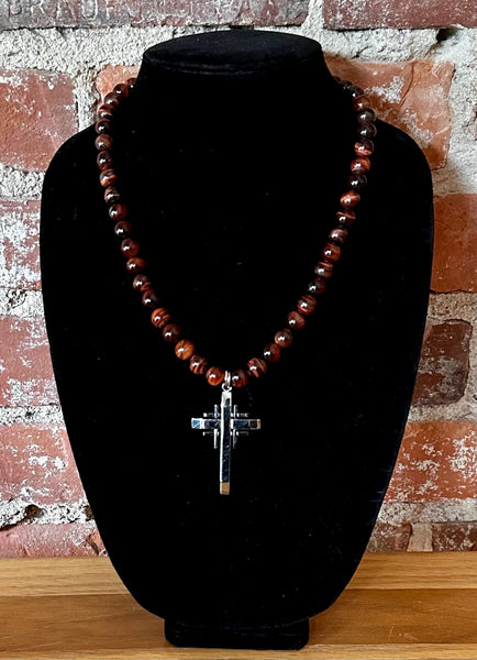 Red Tigers Eye Steel Cross Necklace | Masterpiece Men's Consignment